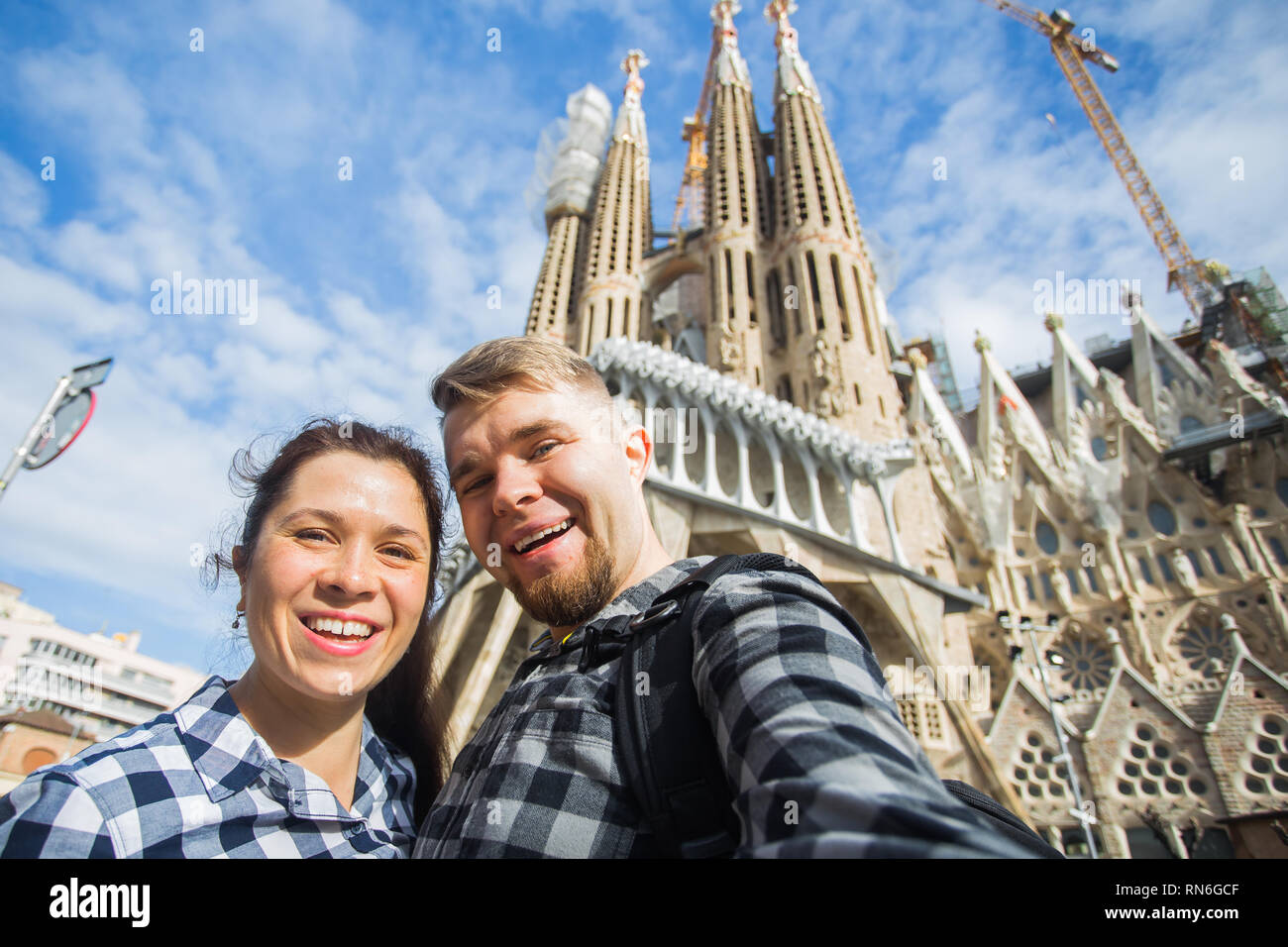 BARCELONA, SPAIN - FEBRUARY 6, 2018: Happy couple making selfie photo ...