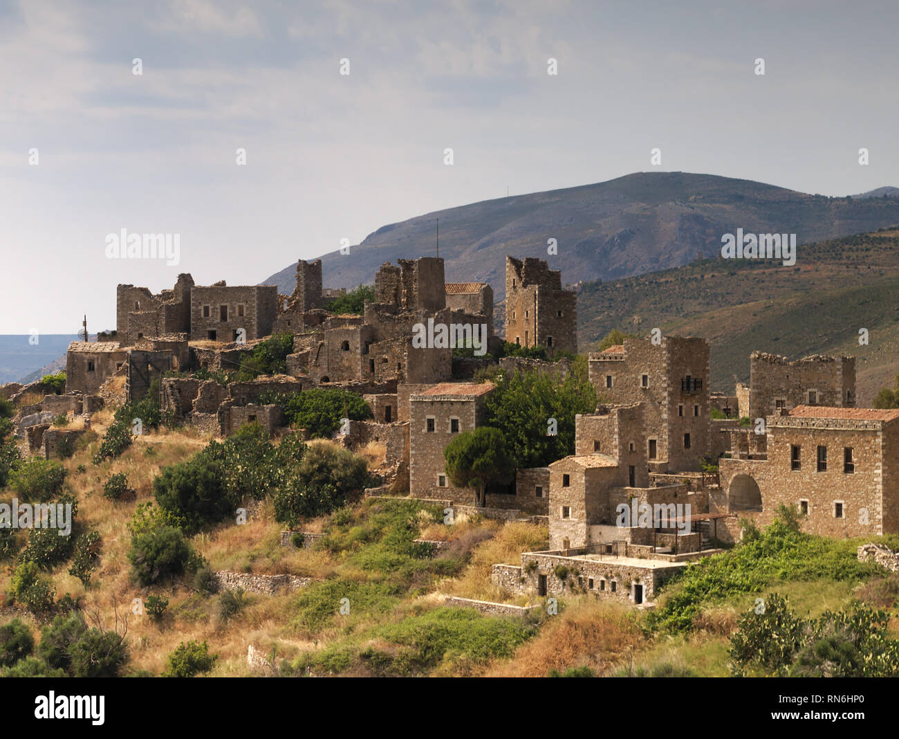 Mediaval castle village of Vathia on a cliff above the sea in Mani ...