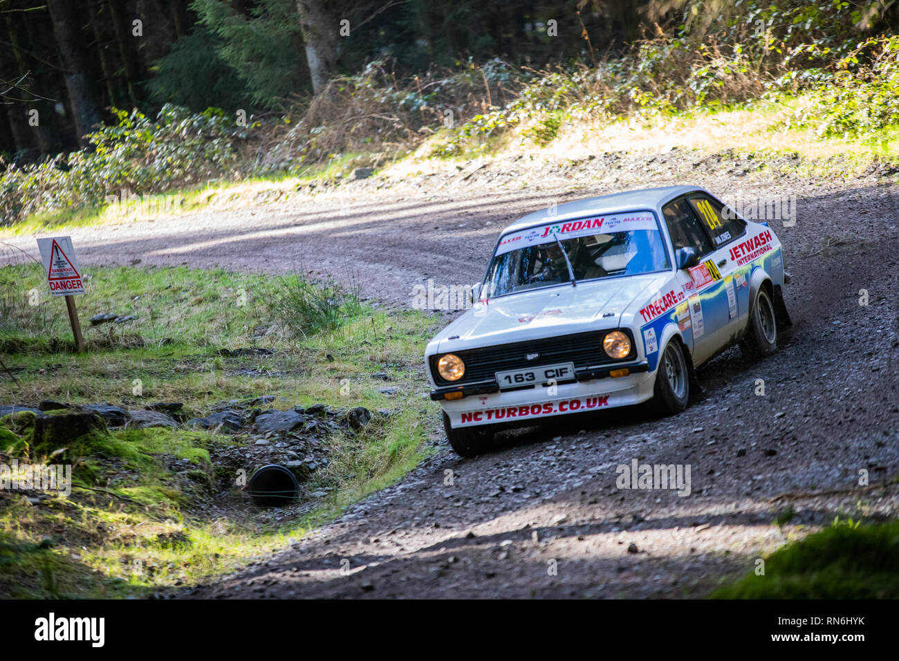 Rally car competing in the 2019 Cambrian Rally, in Alwen Forest, North ...