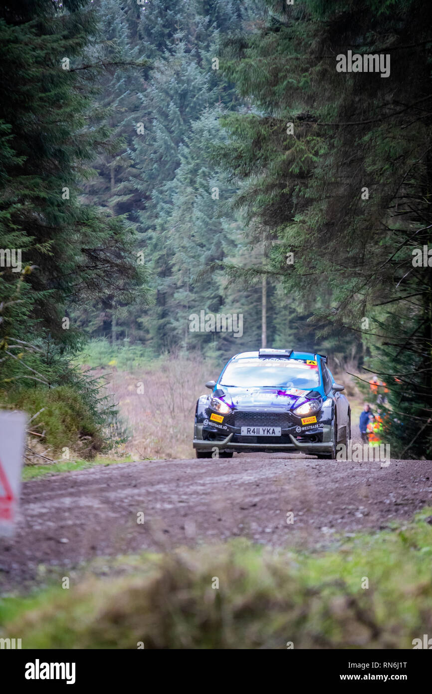 Rally car competing in the 2019 Cambrian Rally, in Alwen Forest, North ...
