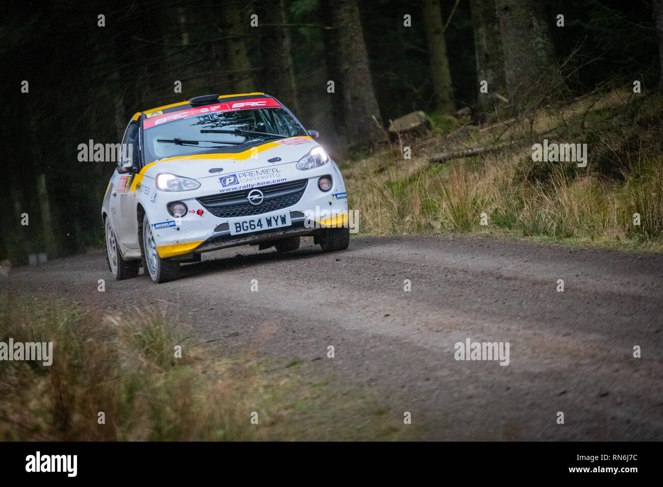 Rally car competing in the 2019 Cambrian Rally, in Alwen Forest, North ...