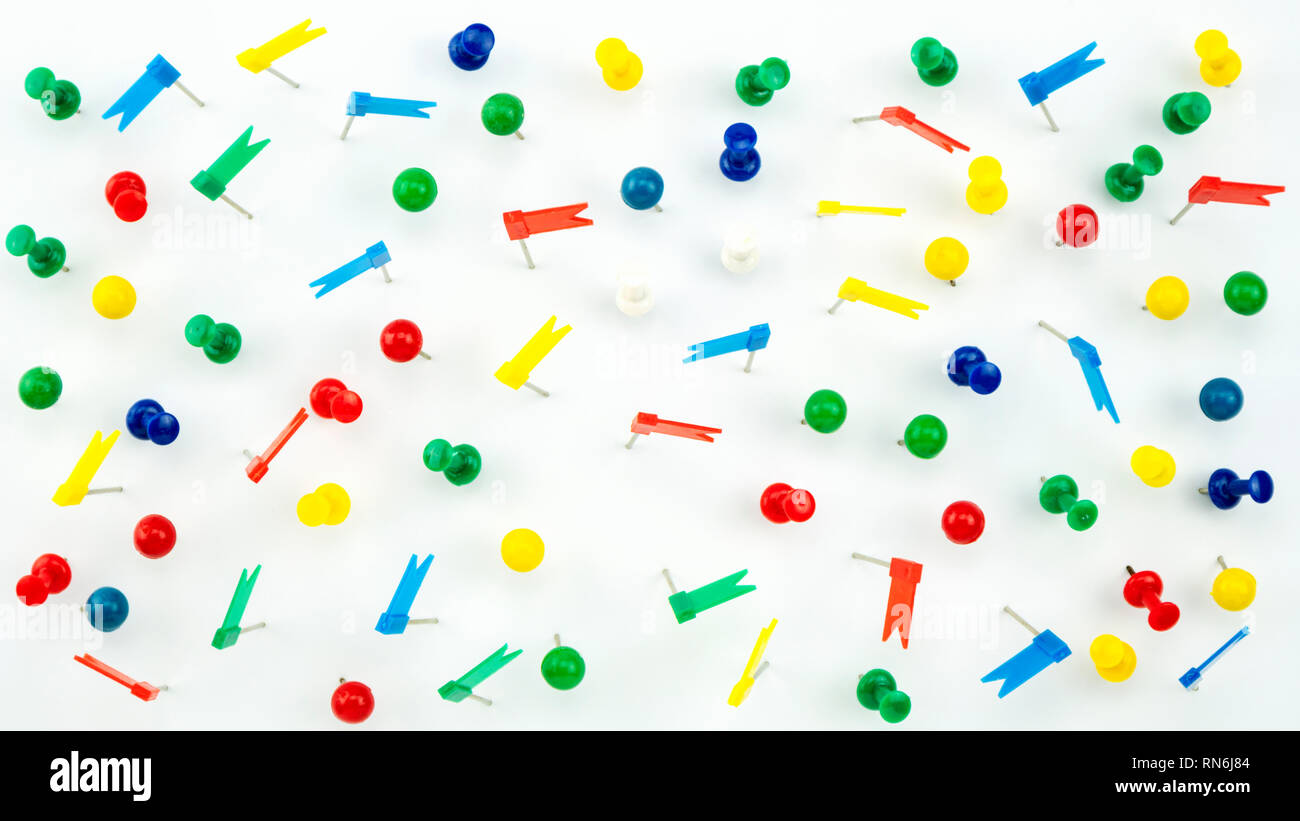 Set of colorful color push pins Thumbtacks. top view isolated on white ...