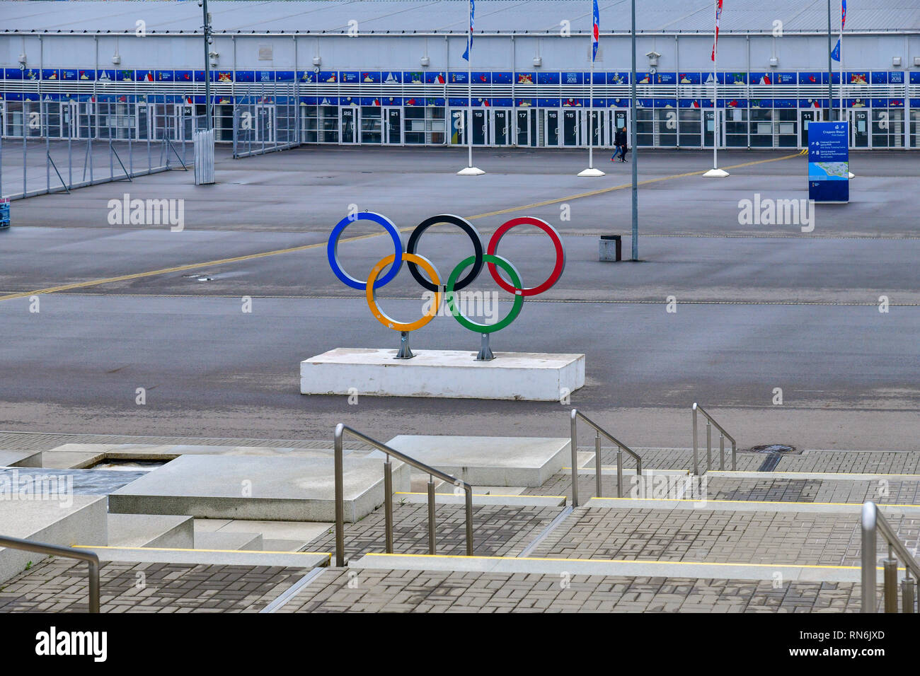 Sochi, Russia - May 30. 2018. Olympic rings installed in the square in ...