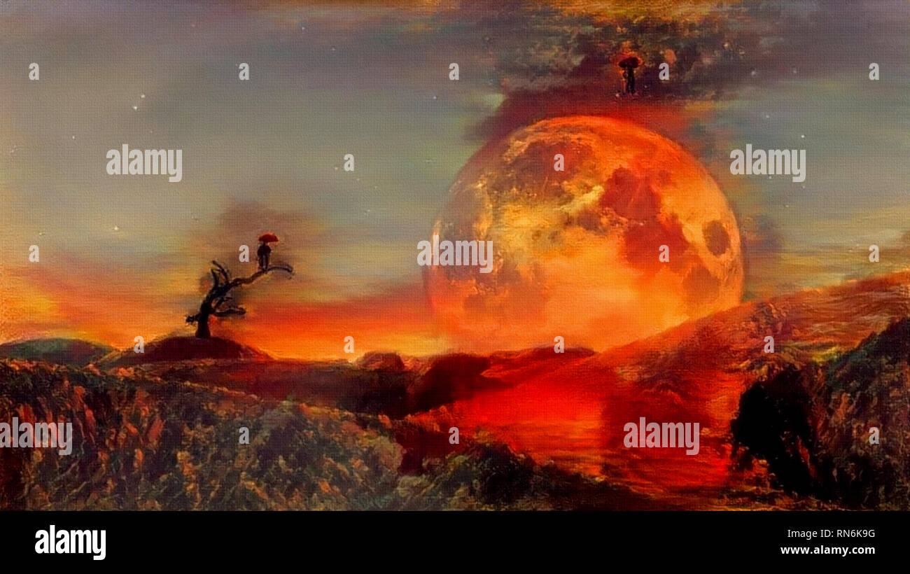 Vivid abstract painting. Red moon at the horizon Stock Photo - Alamy