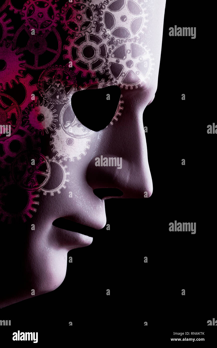Artificial intelligence (A.I.) robotic face close up with cogs ...