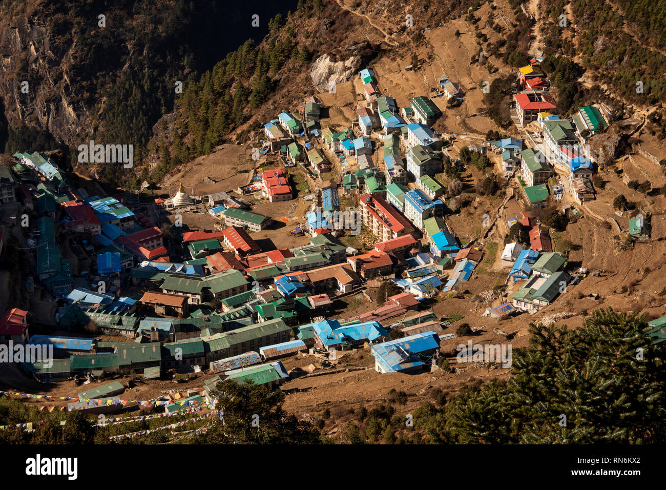 Nepal, Namche Bazaar, elevated view of town from path to Syangboche and ...