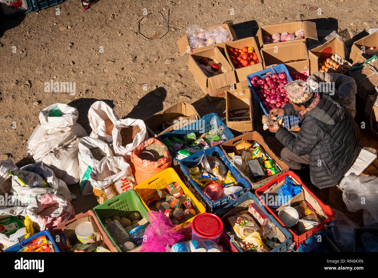 Nepal, Namche Bazaar, Market, elevated view of household goods and food ...