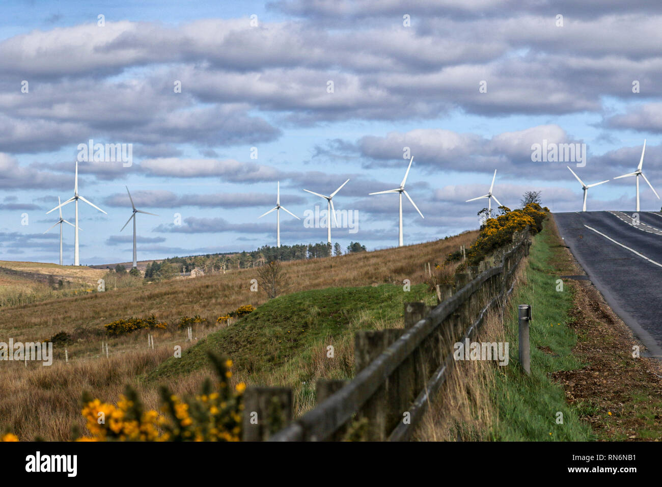 Wind turbines in the spring Irish countryside, Northern Ireland, europe ...