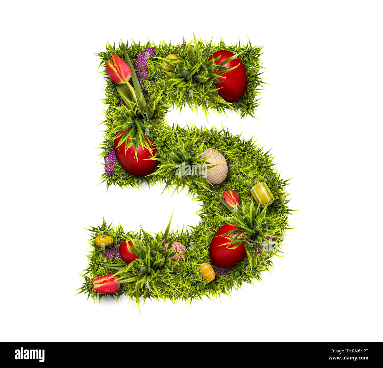 Easter holiday number 5 made of fresh green grass and Easter eggs ...