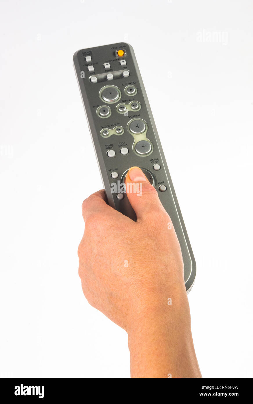hand holding a remote control on white background Stock Photo - Alamy