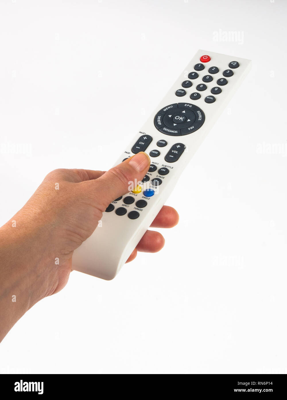 hand holding a remote control on white background Stock Photo - Alamy