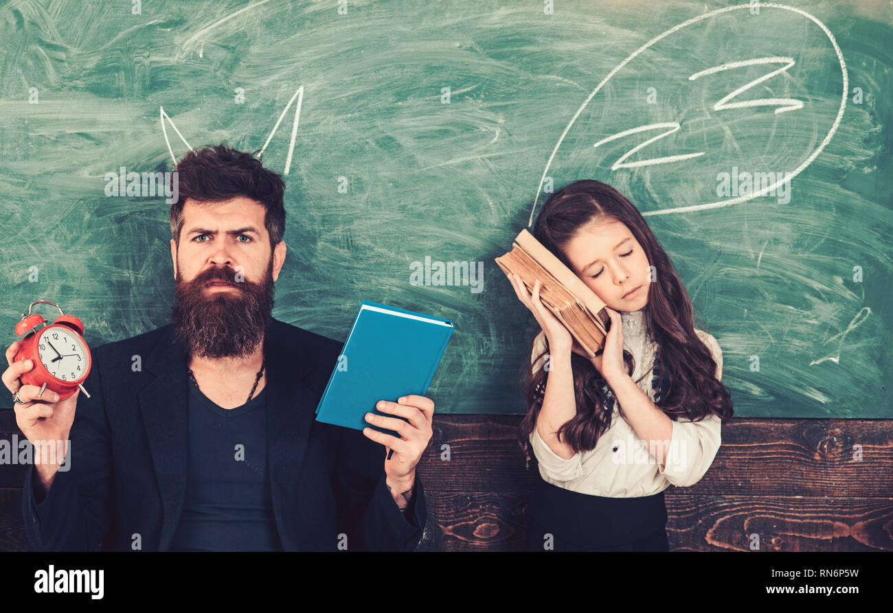 Time to learn concept. Teacher devil and sleepy girl. Bearded man with ...