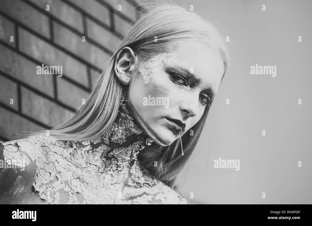 Creepy halloween makeup witch bloody Black and White Stock Photos ...