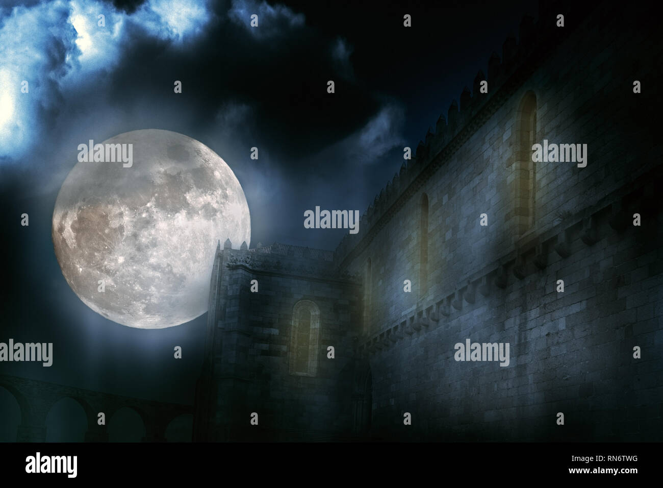 Color medieval scenery with moon and medieval european abbey Stock ...