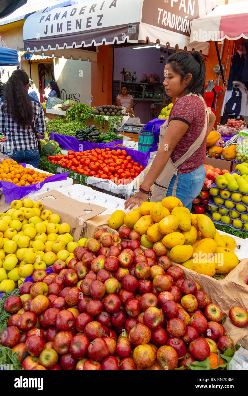 Local woman selling fruits at a traditional Tlacolula market, Oaxaca ...