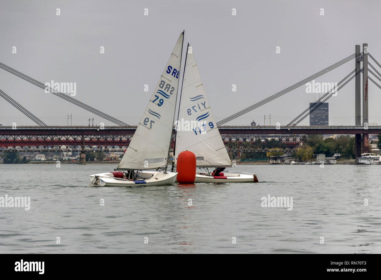 Belgrade, Serbia, October 2016 - Two Finn Class sailboats competing in ...