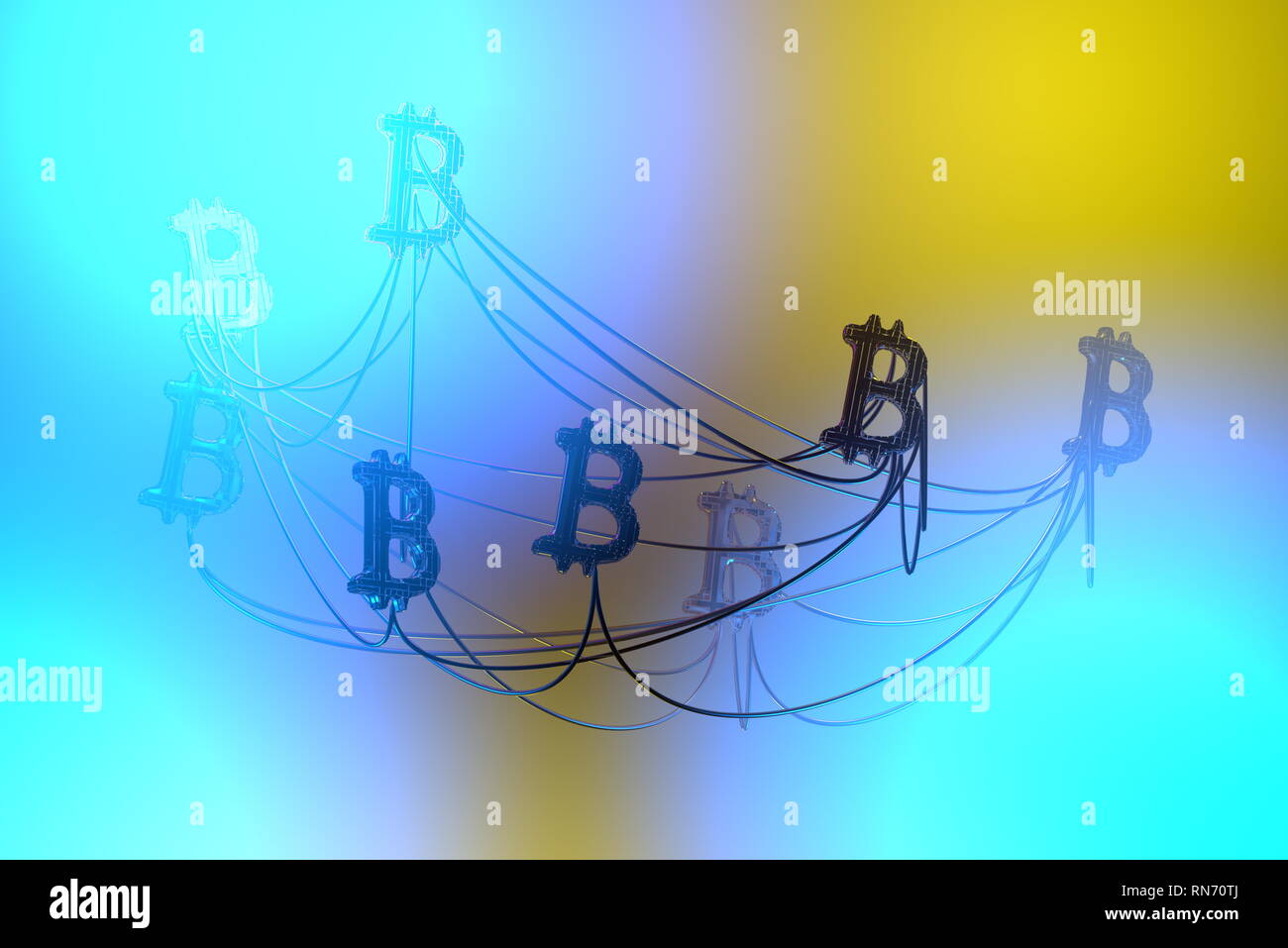 Golden bitcoin signs flying in the air and connected to each other by ...
