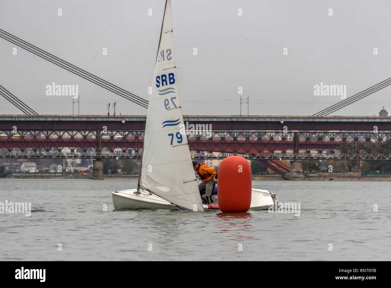 Belgrade, Serbia, October 15, 2016: A Finn Class sailboat skipper ...