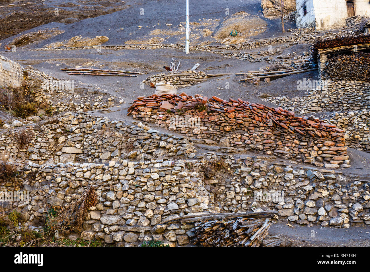 street in the Tibetan village, Lupra village, Mustang Nepal Stock Photo ...