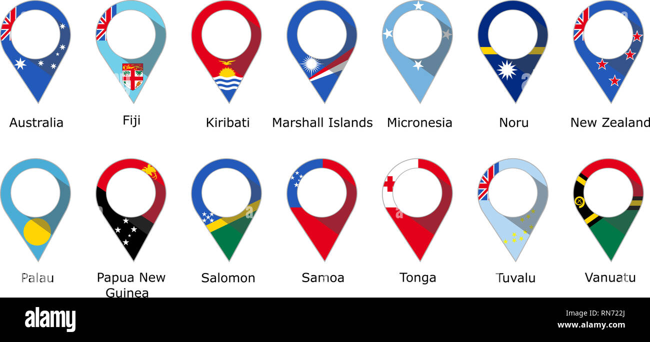 Flags in the form of a pin of the countries of Oceania with their names ...
