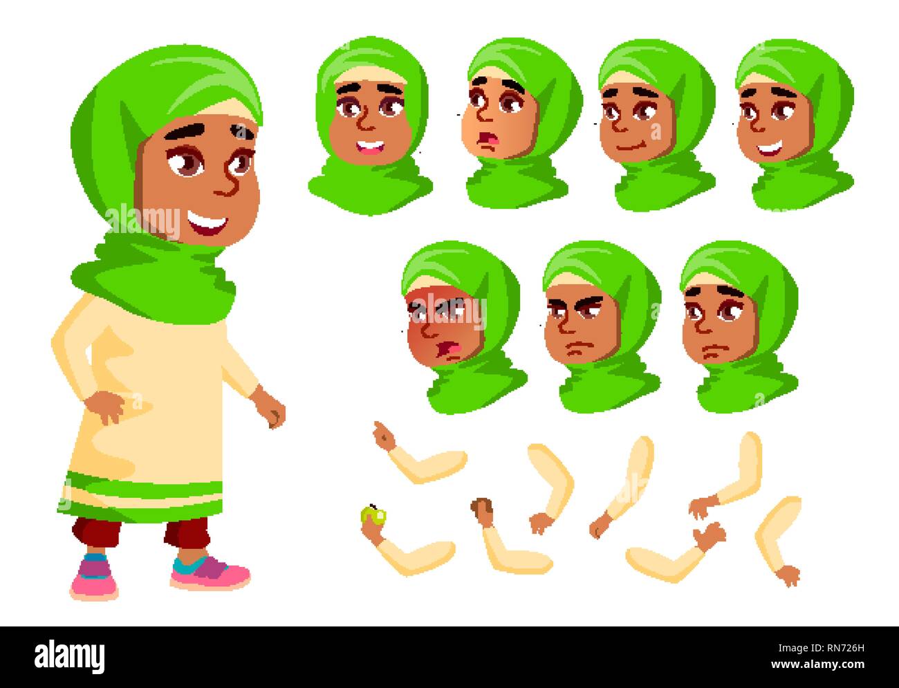Arab, Muslim Girl, Child, Kid, Teen Vector. Cheerful Pupil. Face ...