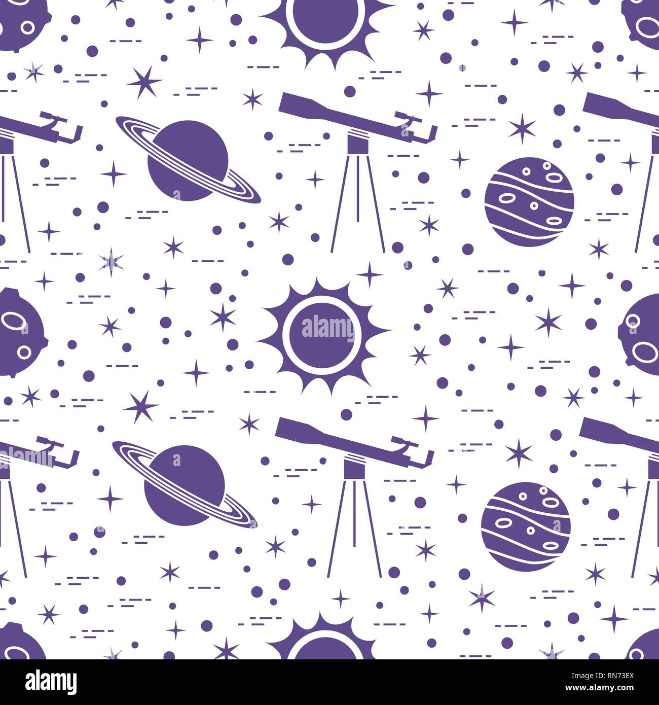 Seamless pattern with telescope, sun, planets, stars. Space exploration ...