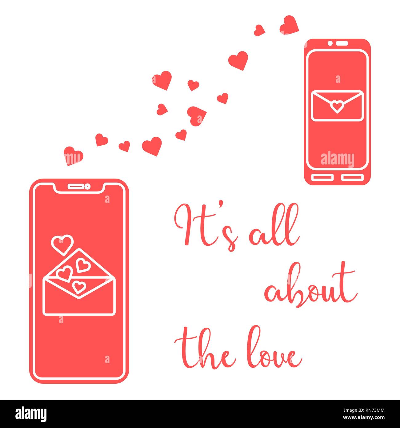 Vector illustration with two mobile phones, hearts and love ...
