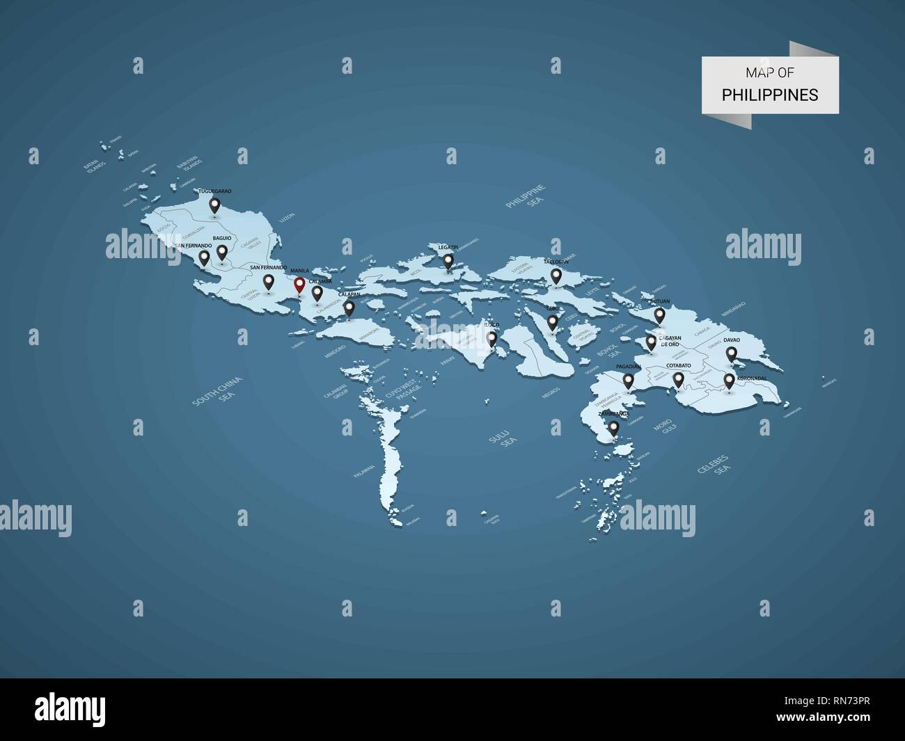 Isometric 3D Philippines map, vector illustration with cities, borders ...