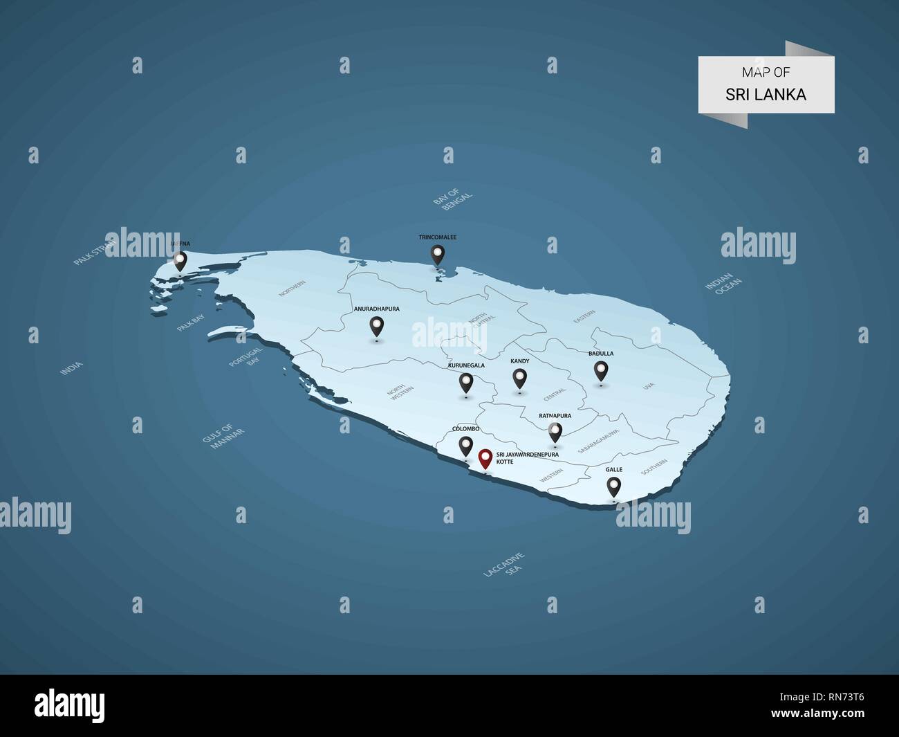Isometric 3D Sri Lanka map, vector illustration with cities, borders ...