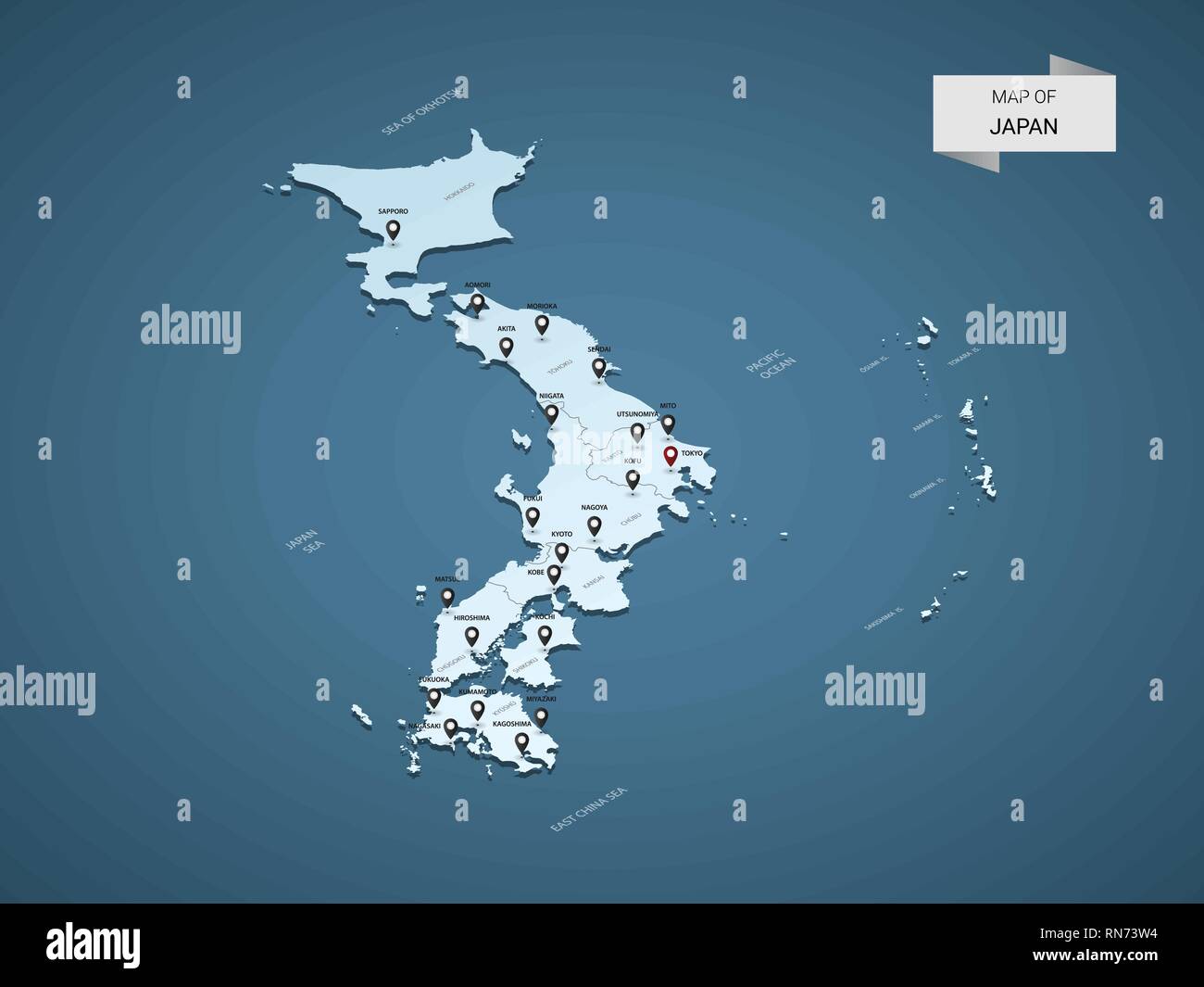 Isometric 3D Japan map, vector illustration with cities, borders ...