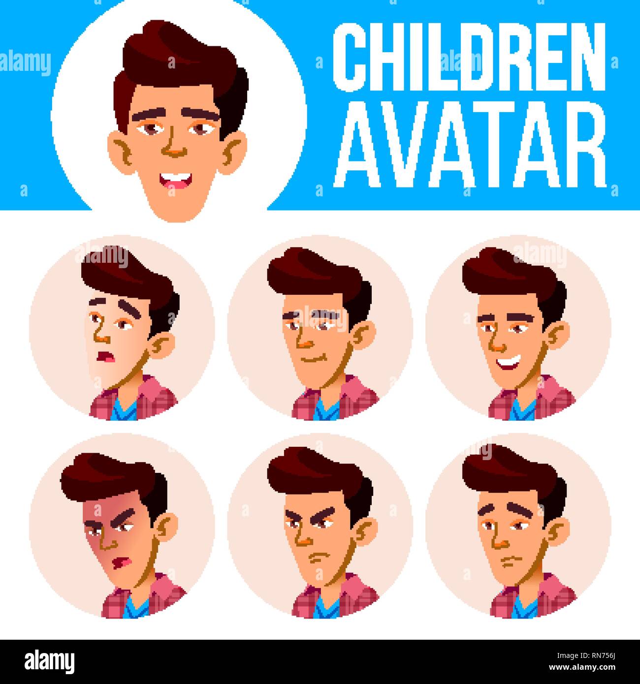 Asian Boy Avatar Set Kid Vector. High School. Face Emotions. Facial ...