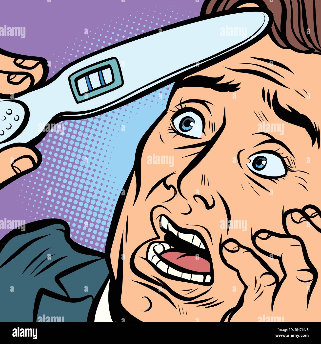 pregnancy test. scared man husband father. Comic cartoon pop art retro ...