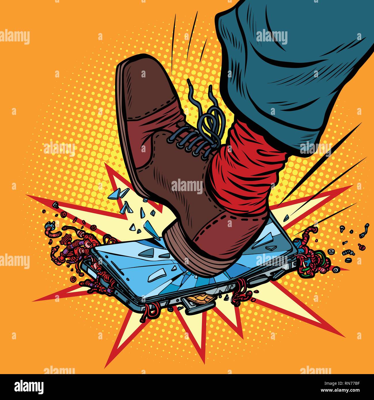 Man breaks the phone with his foot. Comic cartoon pop art retro vector ...