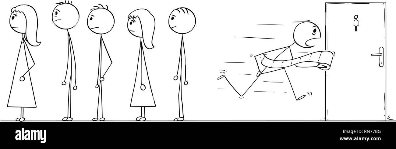 Cartoon of Man Waiting in Queue Who Need To Visit Bathroom or Toilet ...