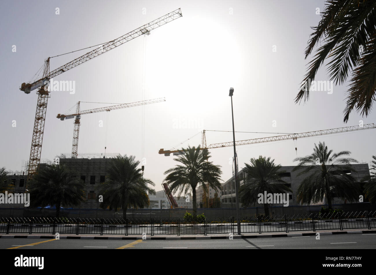 High raised construction cranes on various building sites in downtown ...