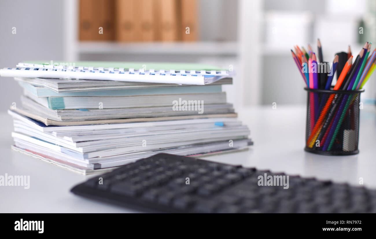 Workspace desktop, documents on the office table Stock Photo - Alamy
