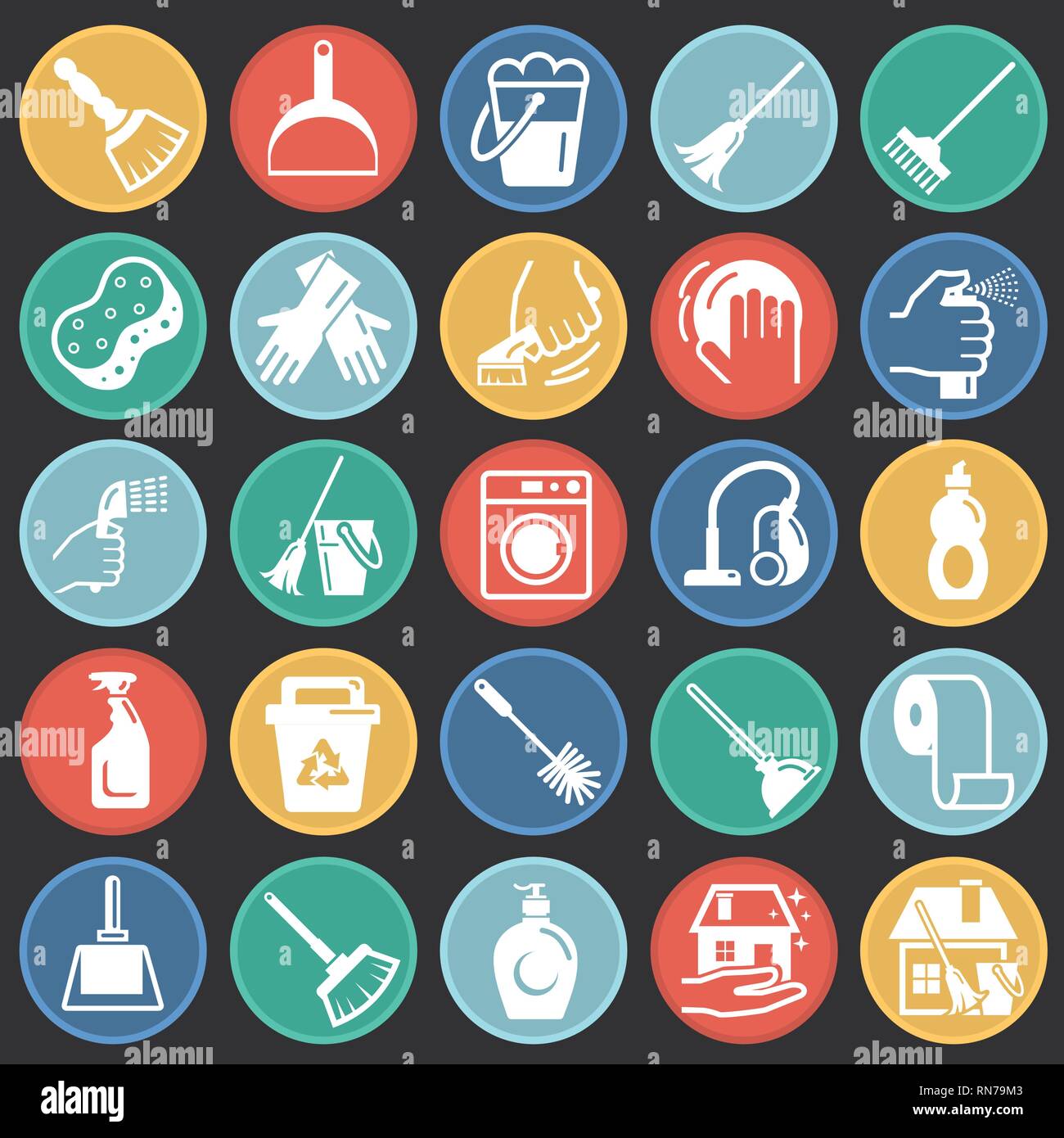 Cleaning icons set on color circles black background for graphic and ...