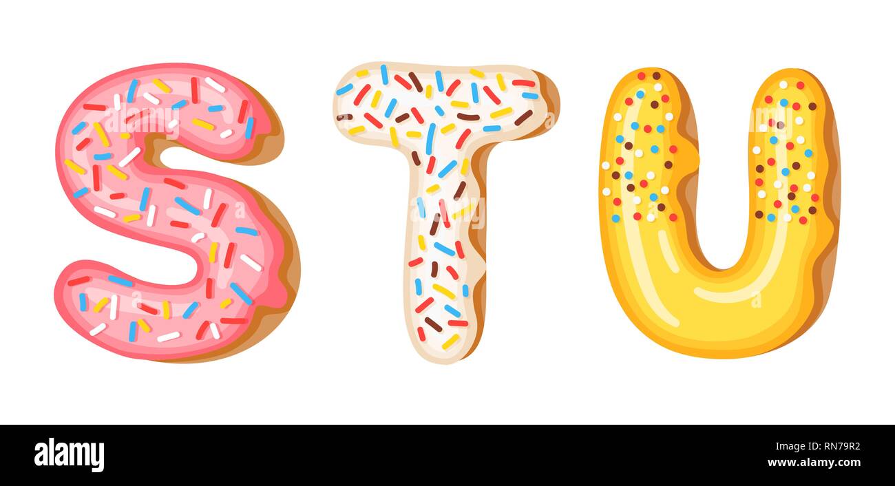 Donut icing upper latters - S, T, U. Font of donuts. Bakery sweet ...