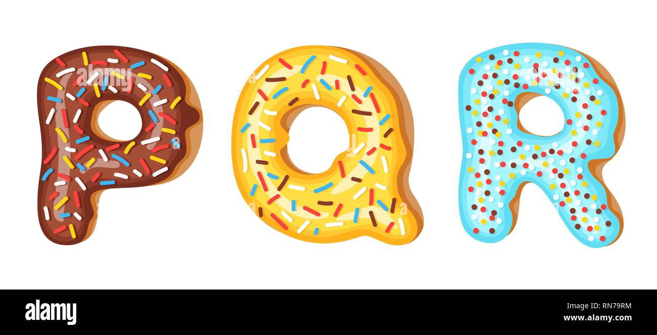 Donut icing upper latters - P, Q, R. Font of donuts. Bakery sweet ...