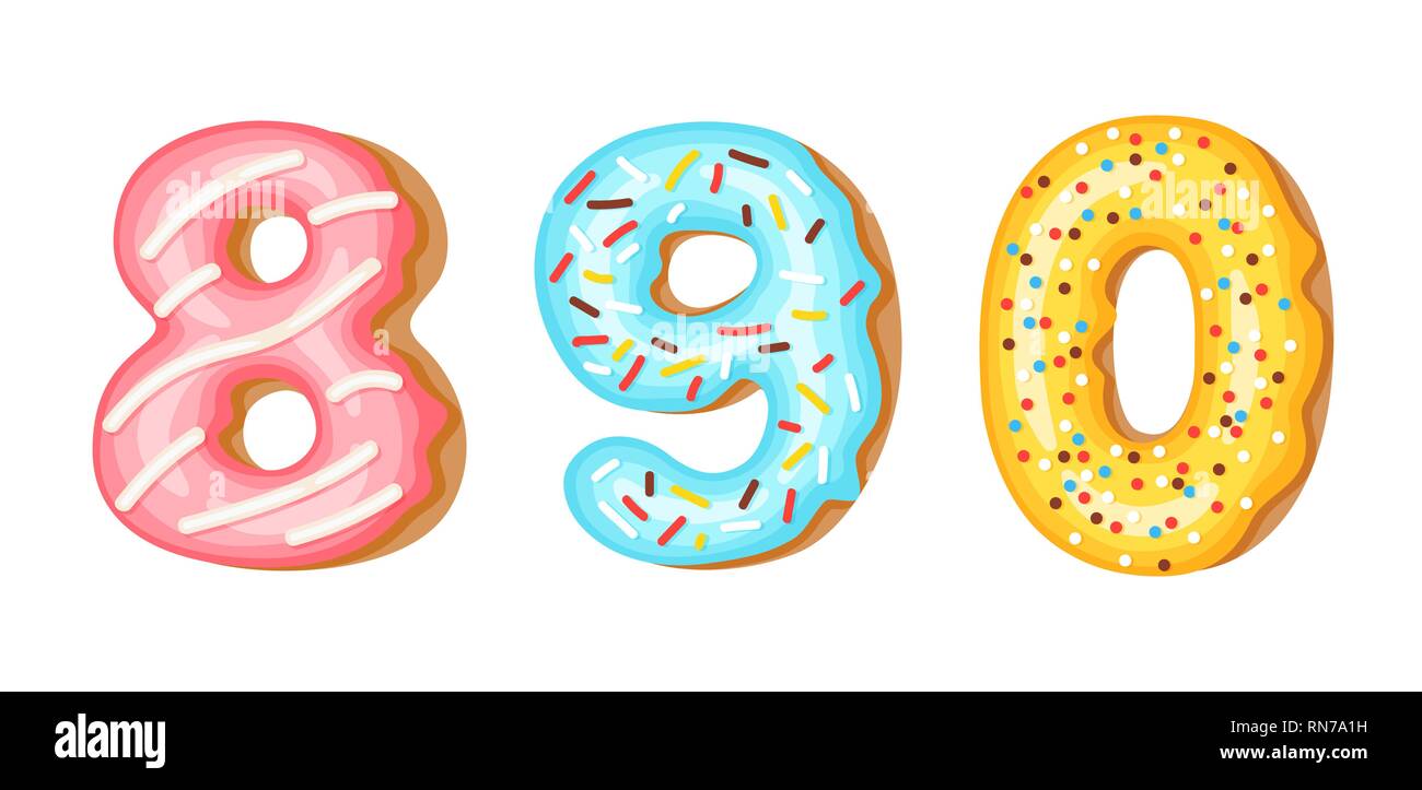 Donut icing numbers digits - 8, 9, 0. Font of donuts. Bakery sweet ...