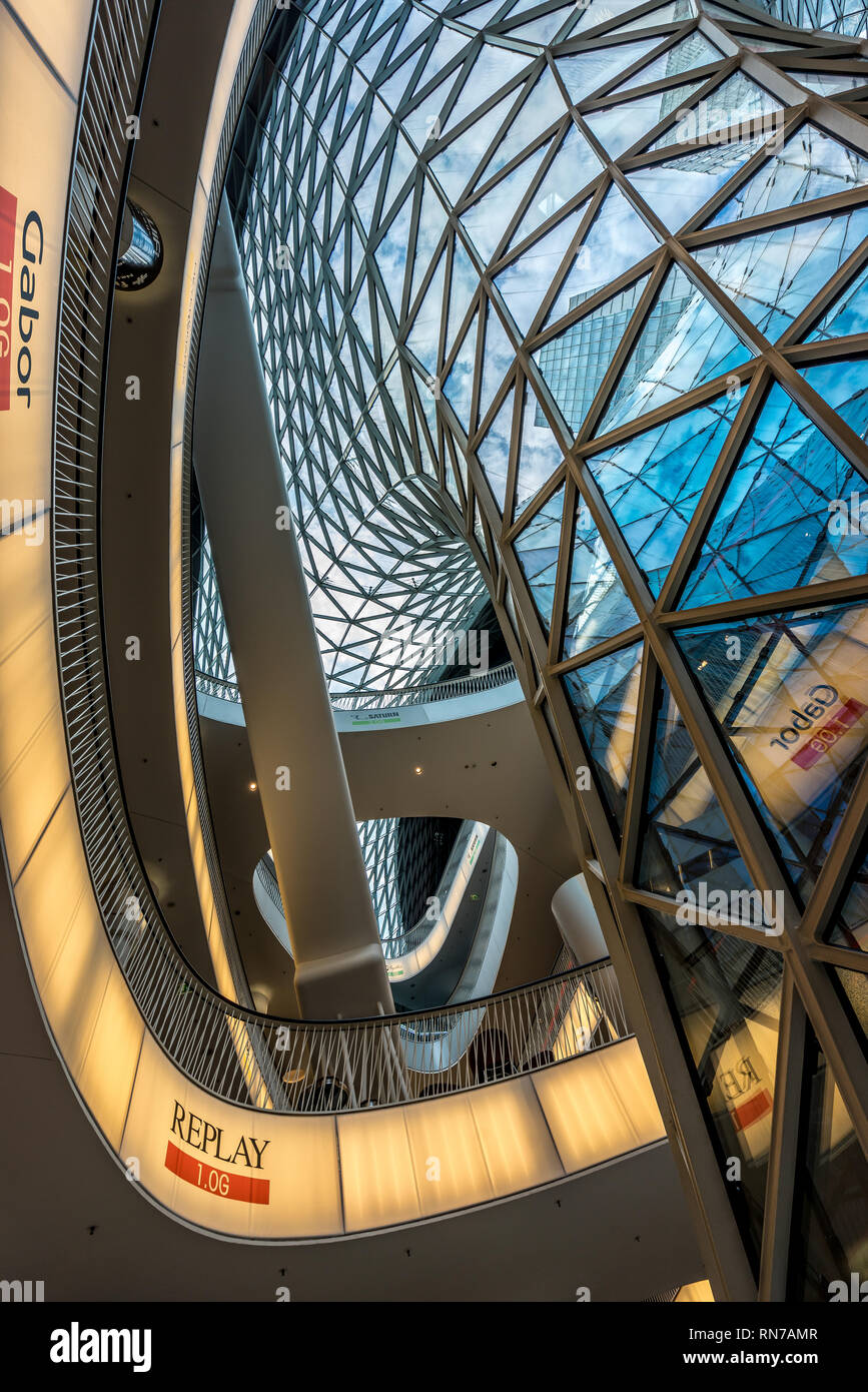 Frankfurt - July 26, 2016. Ground level view inside Myzeil shopping ...
