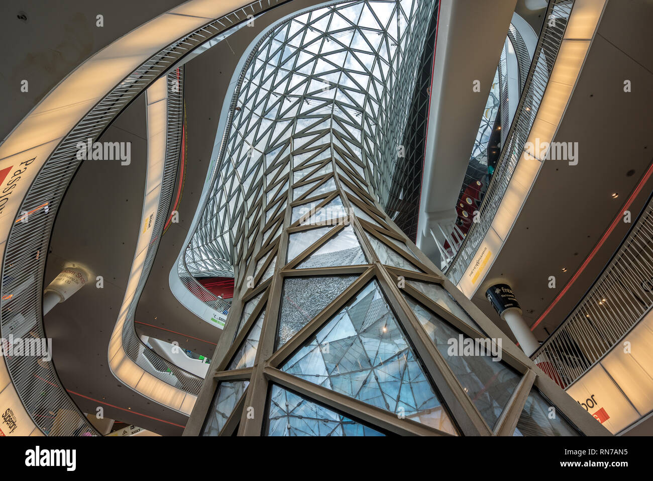 Frankfurt - July 26, 2016. Looking up inside view of Myzeil shopping ...