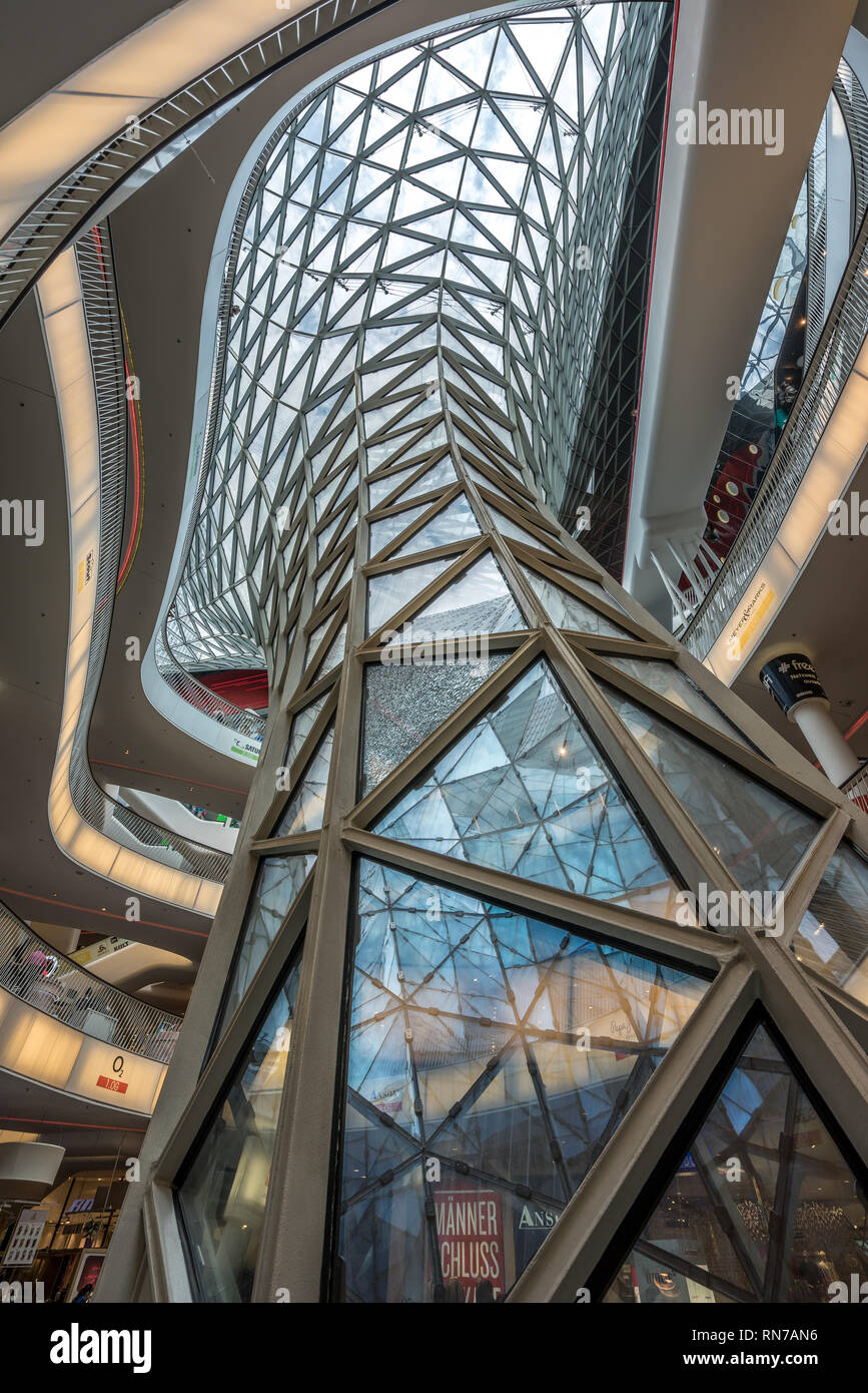 Frankfurt - July 26, 2016. Ground level view inside Myzeil shopping ...