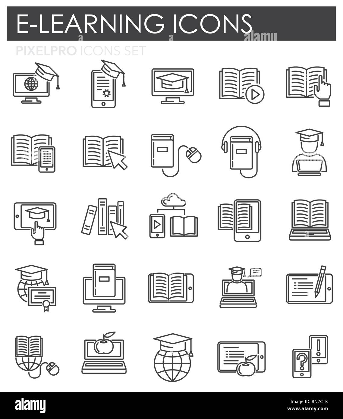 E-Learning line icons set on white background for graphic and web ...