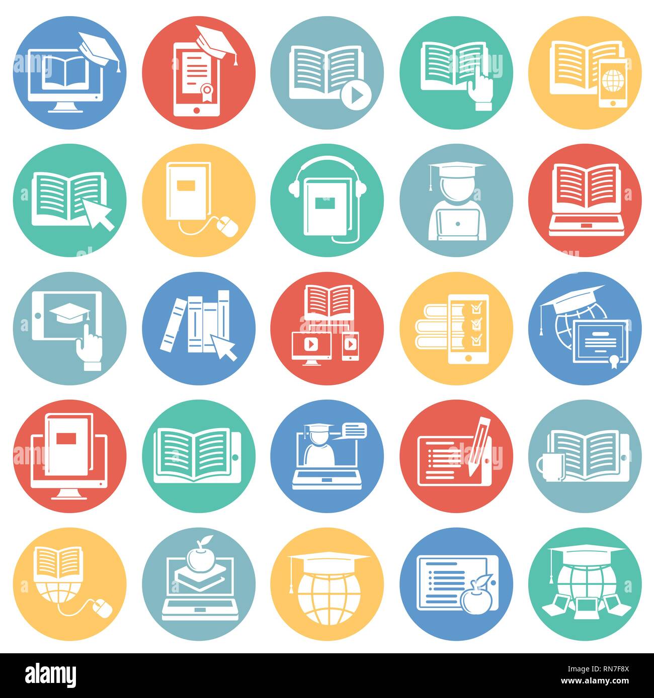 E-Learning icons set on color circles white background for graphic and ...