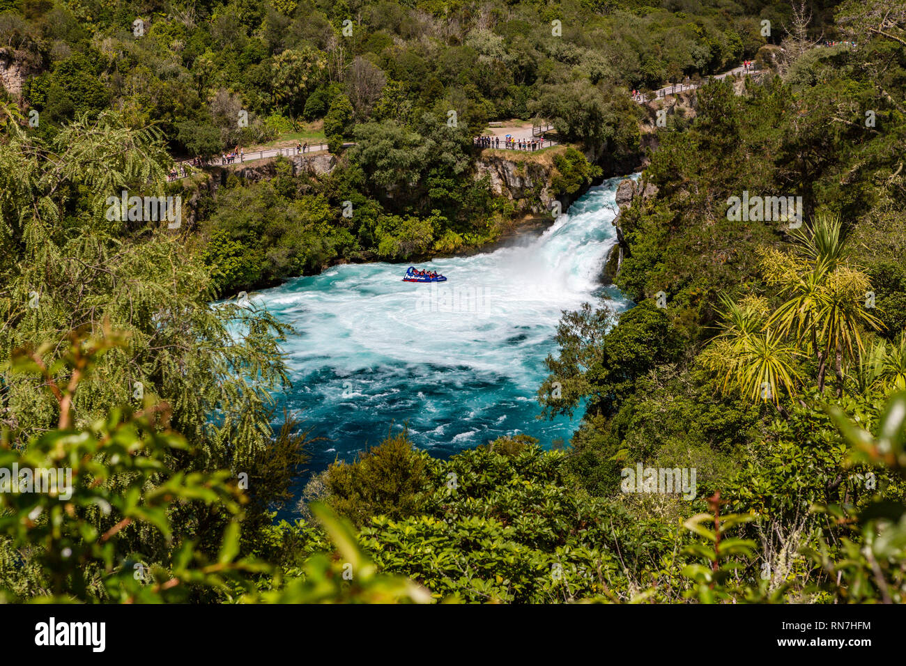 Taupo, New Zealand - April 26 2017: Tourist adventure in Huka Falls ...