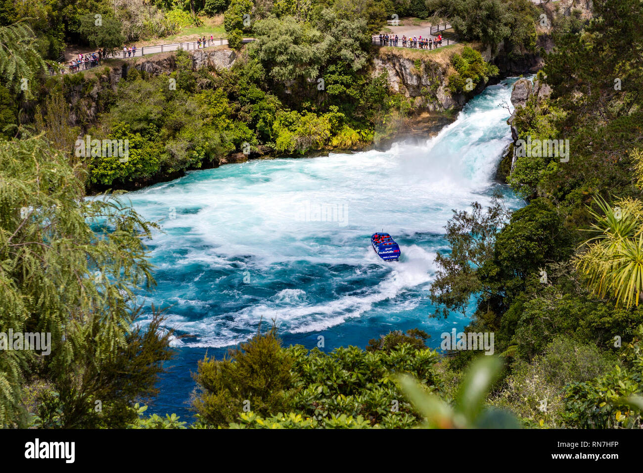 Taupo, New Zealand - April 26 2017: Tourist adventure in Huka Falls ...