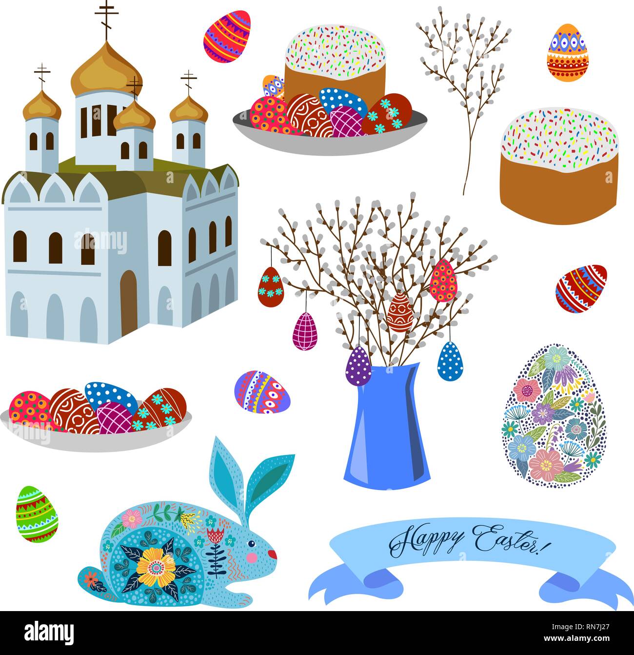 Set of isolated elements for design on an Easter theme. Flat vector ...