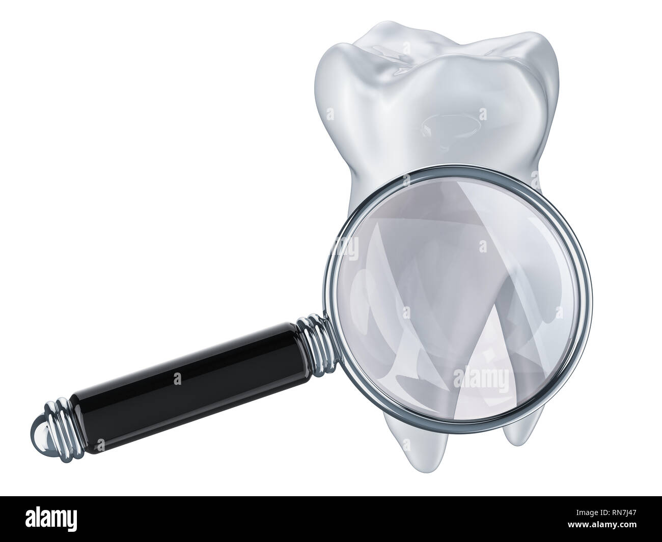 Tooth with magnifying glass. Research and diagnosis concept, 3D ...