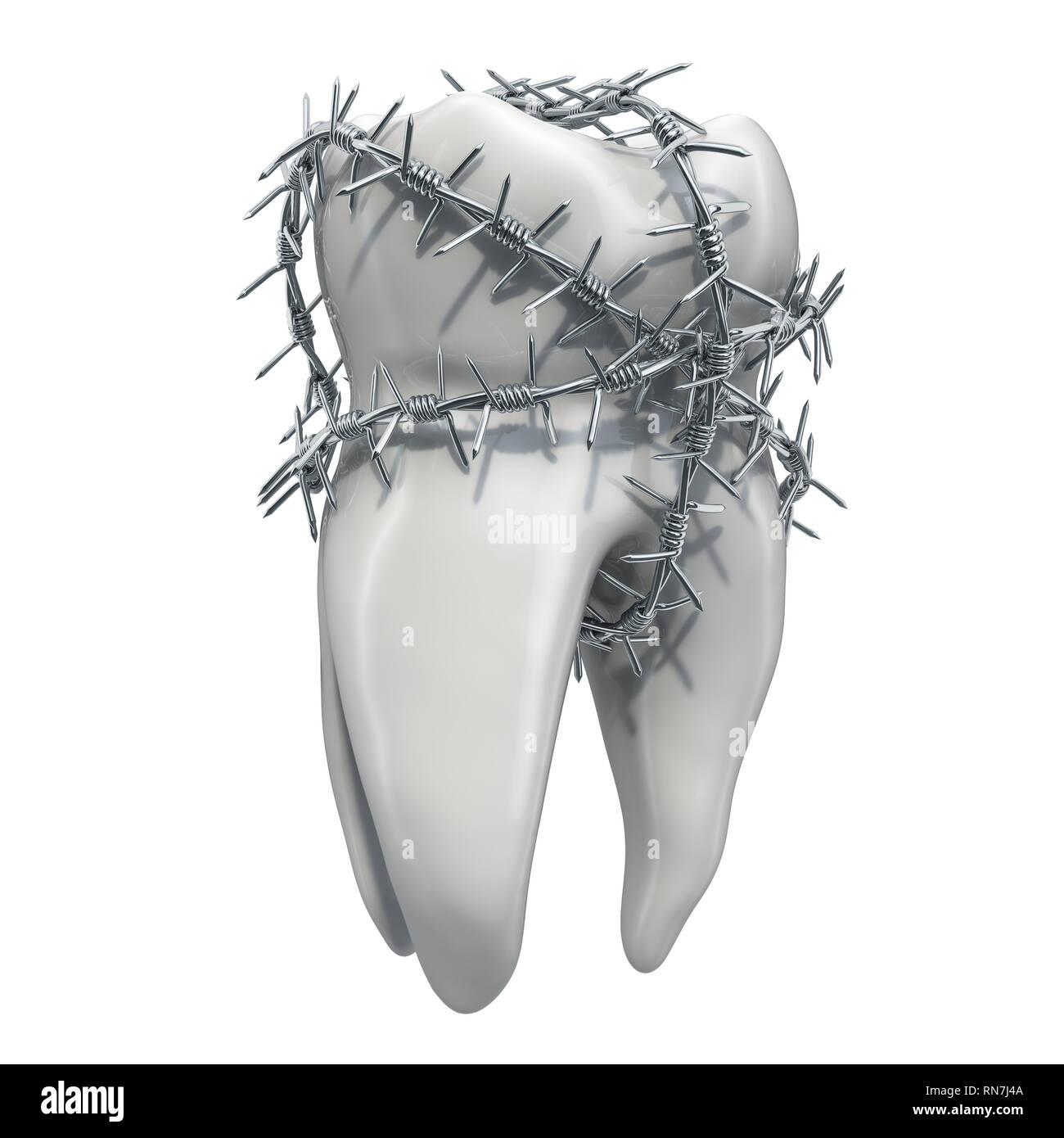 Toothache concept. Tooth with barbed wire, 3D rendering isolated on ...